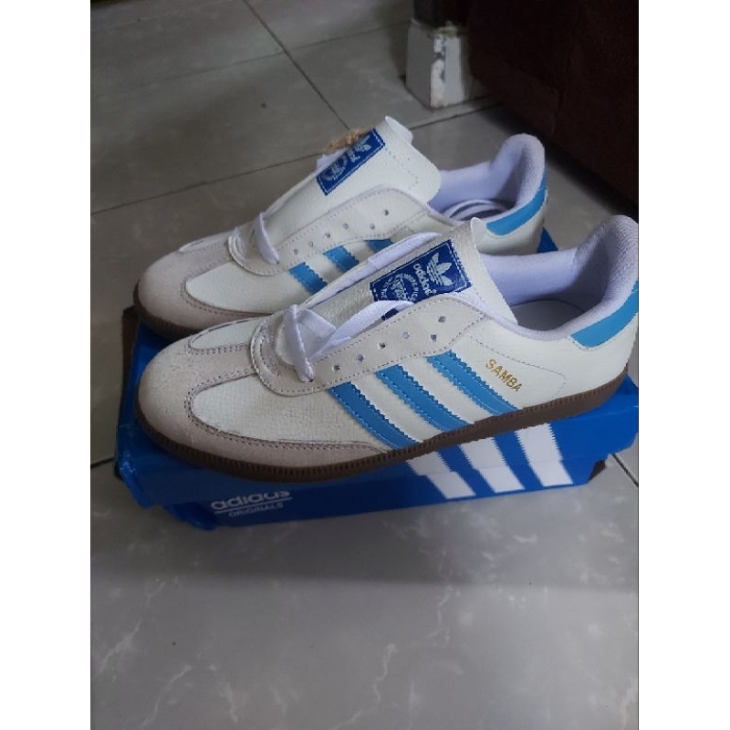 Jual sepatu kasual adidas samba putih list biru | Shopee Indonesia