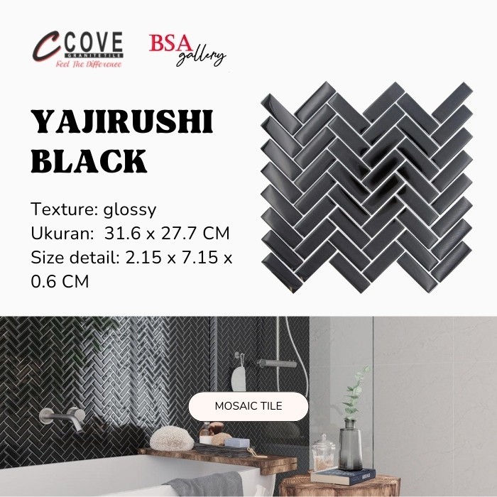 Jual MOSAIC TILE SMALL HERRINGBONE BLACK COVE / MOSAIK HITAM DINDING ...