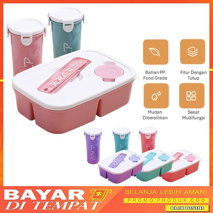 Jual Tempat Makan Lunch box 3 Sekat Dengan Sendok Dan Garpu Plus Botol Minum | Shopee Indonesia