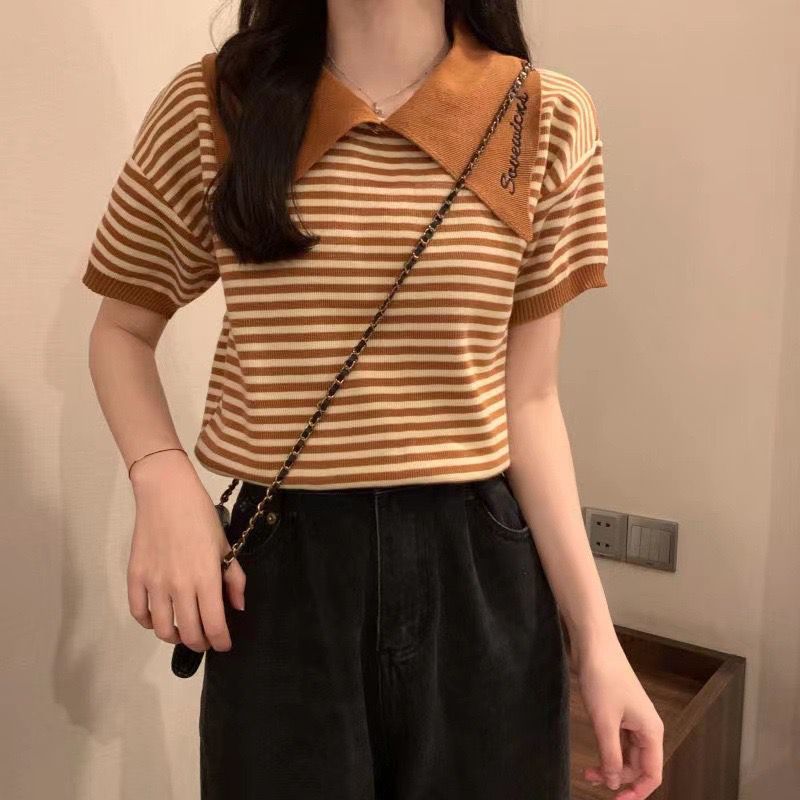Jual 89SO - Atasan Kerah Salur Kaos Polo Rajut Wanita / Korean Vneck Knitt Blouse | Shopee Indonesia