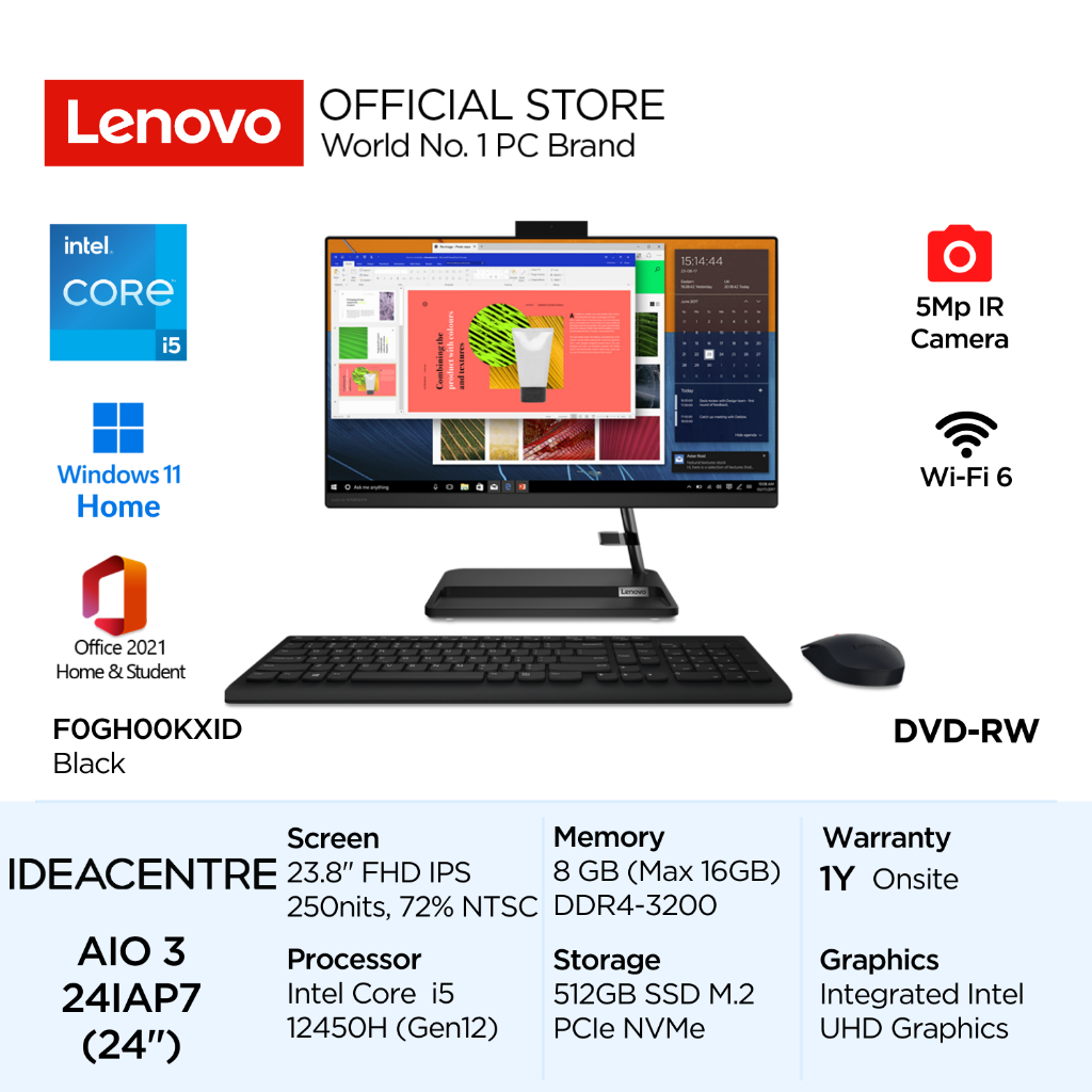 Jual Lenovo PC IdeaCentre AIO 3i 24IAP7 Intel Core i5 12450H Win11 8GB 512GB SSD 23.8" FHD IPS ...