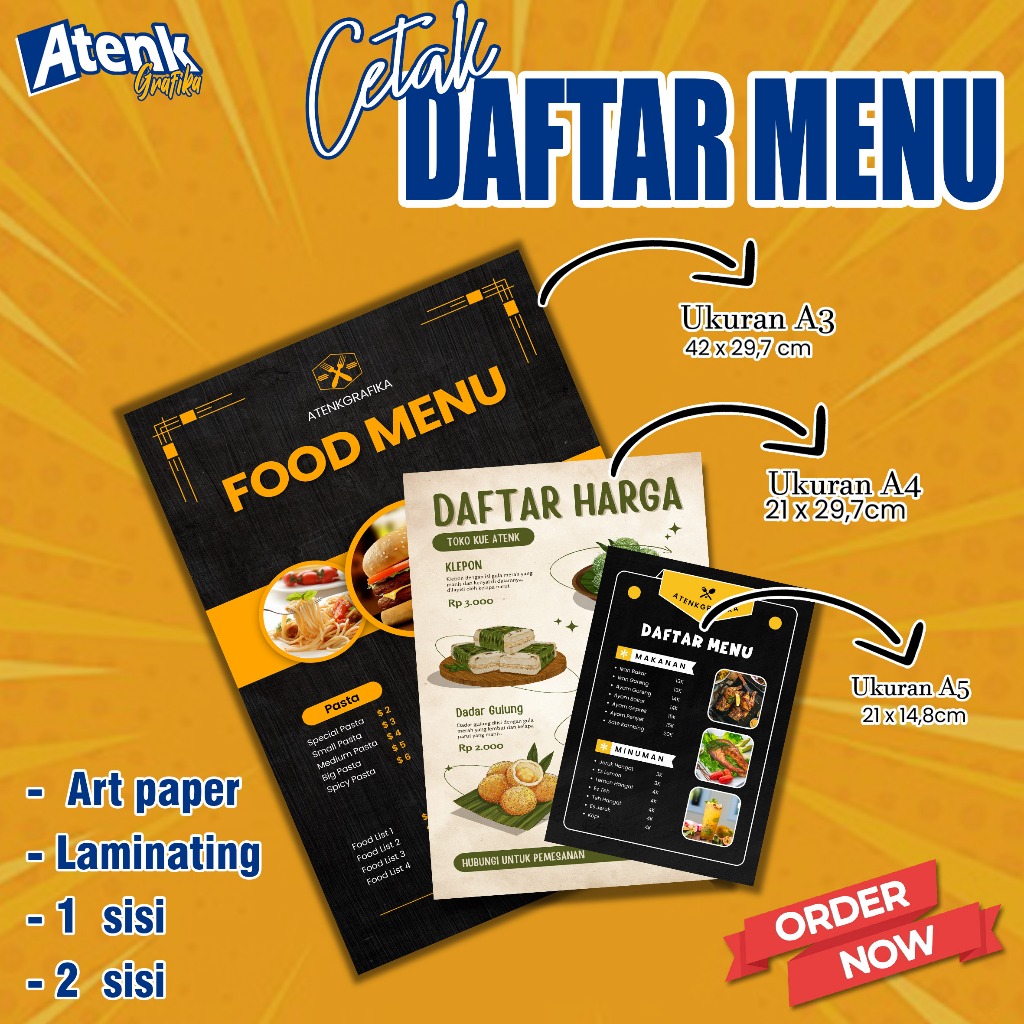 Jual Cetak Daftar Menu Board / Papan Menu / Menu Resto A3 A4 A5 (Paket ...
