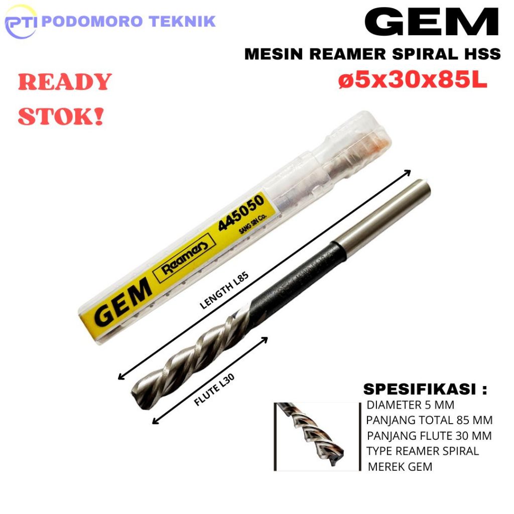 Jual Reamer Mesin Spiral HSS 5MM Merek GEM Reamer Mesin Spiral 5X30X85L ...