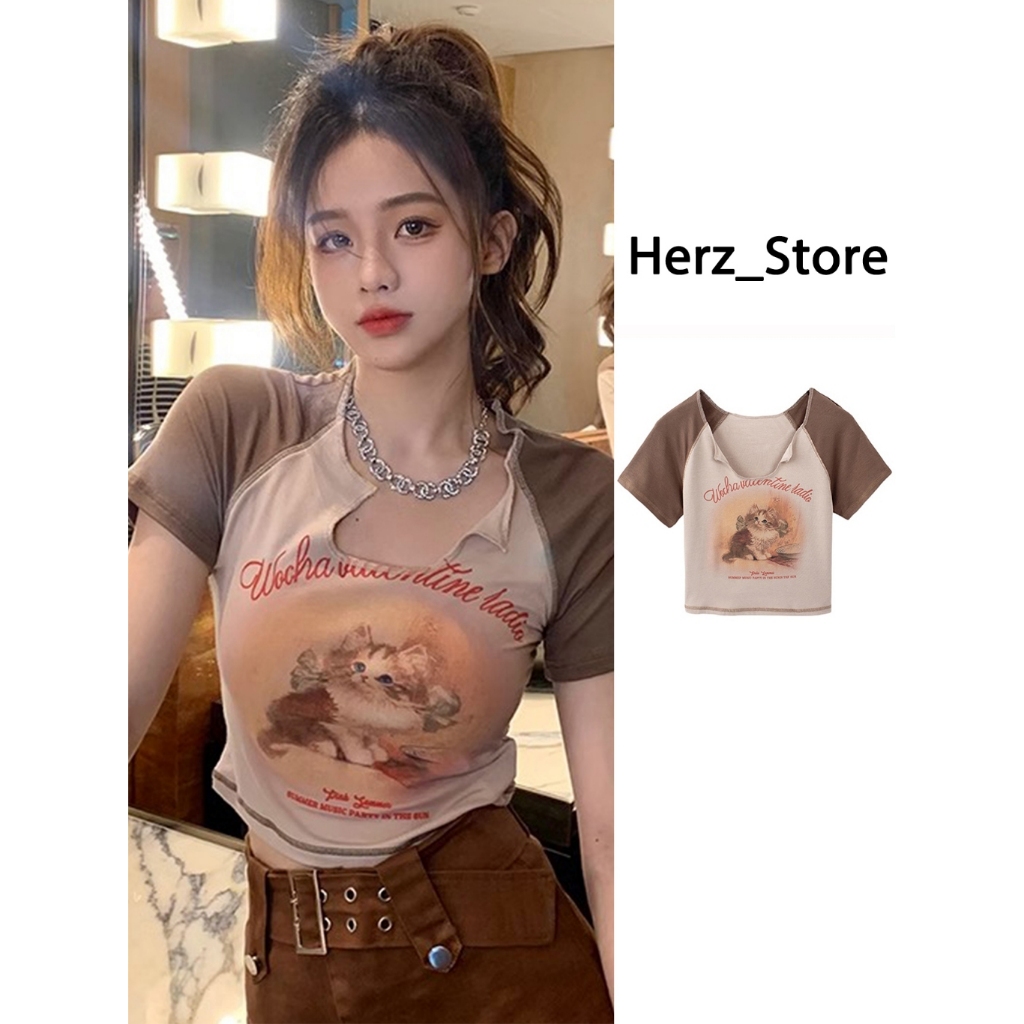 Jual Atasan Wanita Bermotif Kucing Kaos Wanita Lengan Pendek Gadis ...