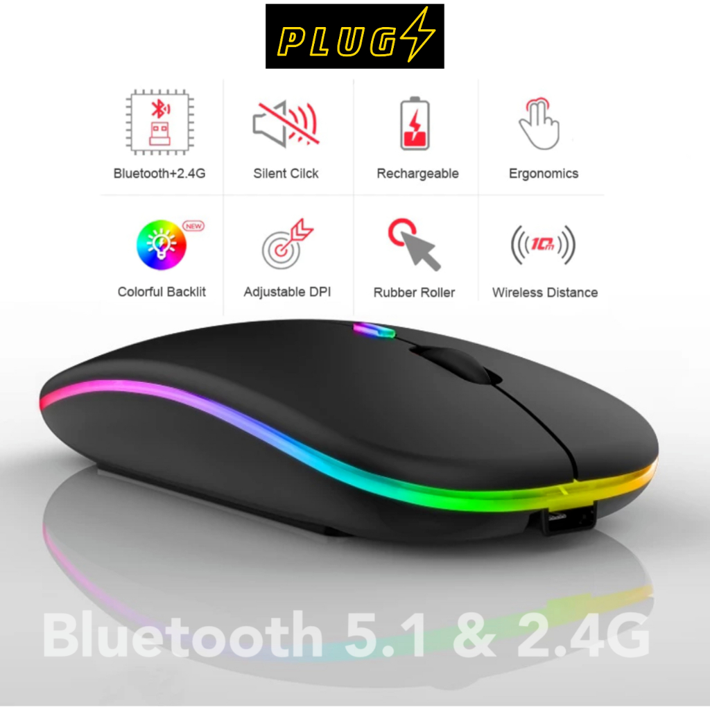 Jual [COD] PLUGS Mouse LED Colorful Bluetooth Rechargeable Wireless ...