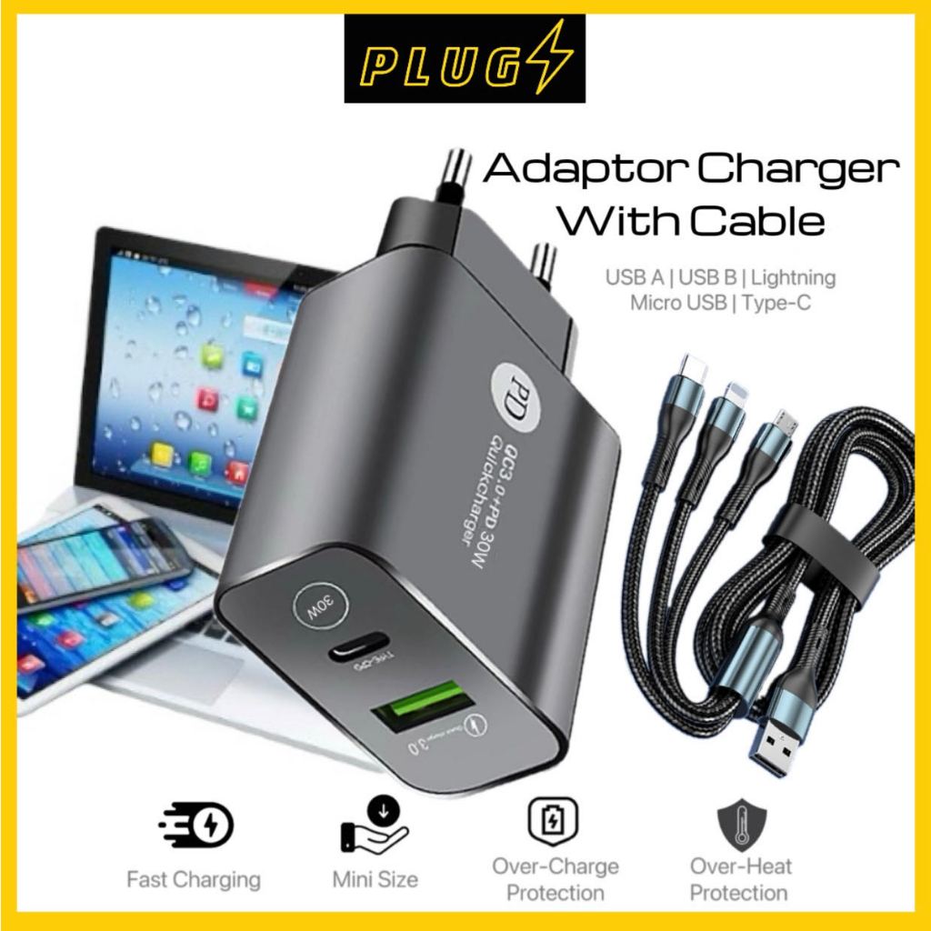 Jual [COD] PLUGS Charger BLACK 30W Fullset Charger With 3in1USB Type C ...