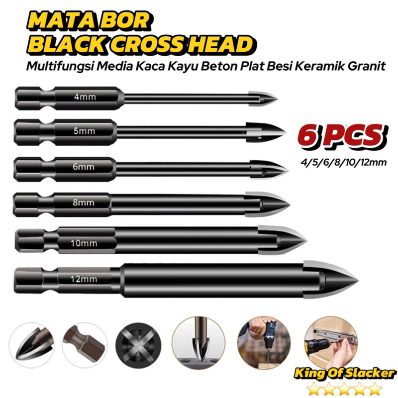 Jual Set 6pcs Mata Bor Tungsten Multifungsi Black Cross Head Drill Bit ...