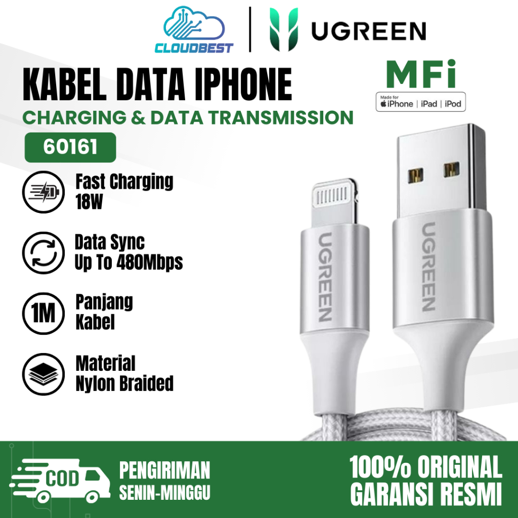 Jual UGREEN MFI USB A To Lightning Nylon Braided Cable For iphone 6 7 8 X XR 11 12 SE ipad ...