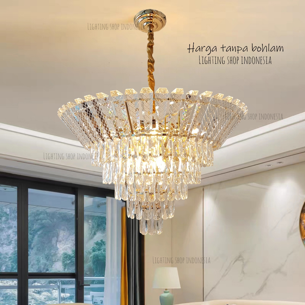 Jual Lampu Gantung Kristal 80cm 14 lampu Void Plafon Tinggi Gold Ruang ...