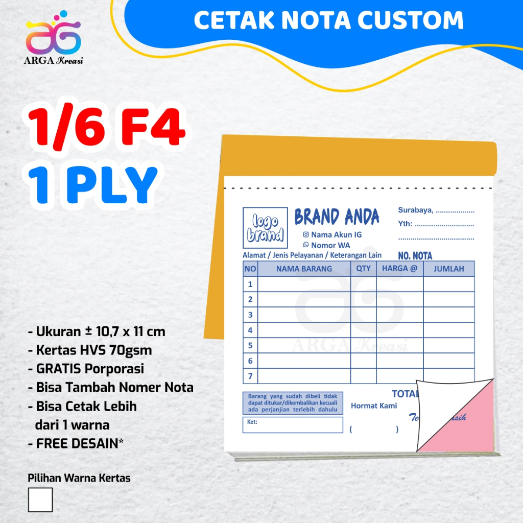 Jual Cetak Nota Custom 1 Ply 1/6 F4 Bon Kwitansi Cocok Untuk Nota Toko ...