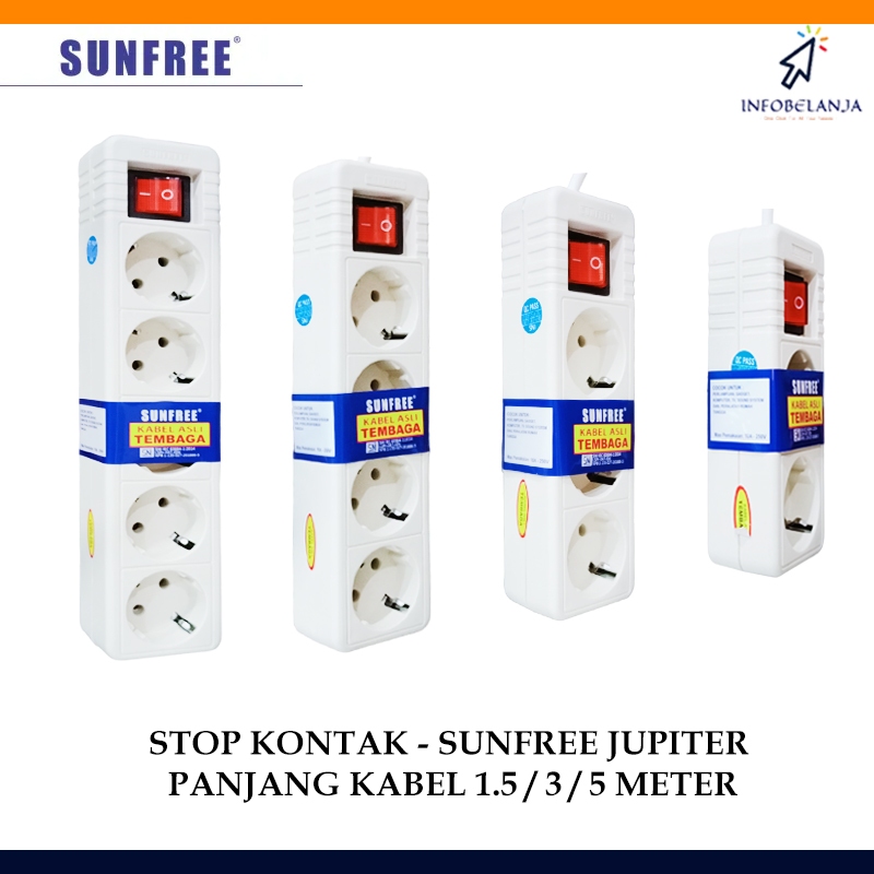 Jual Stop Kontak Sunfree Jupiter Panjang Kabel 1,5/3/5 Meter Kabel Asli Tembaga | Shopee Indonesia
