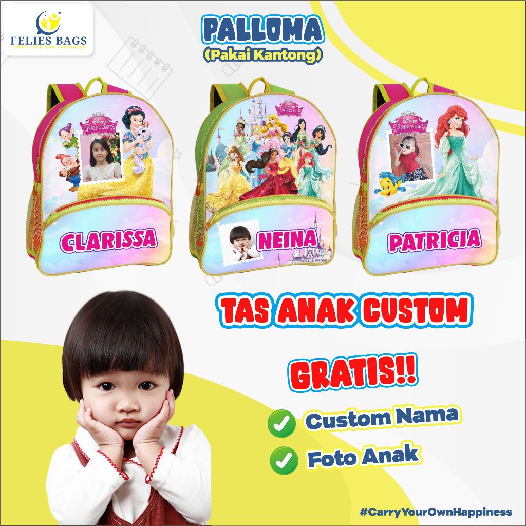 Jual Tas Ransel Anak DISNEY PRINCESS Custom Nama + Foto | FELIES BAGS ...