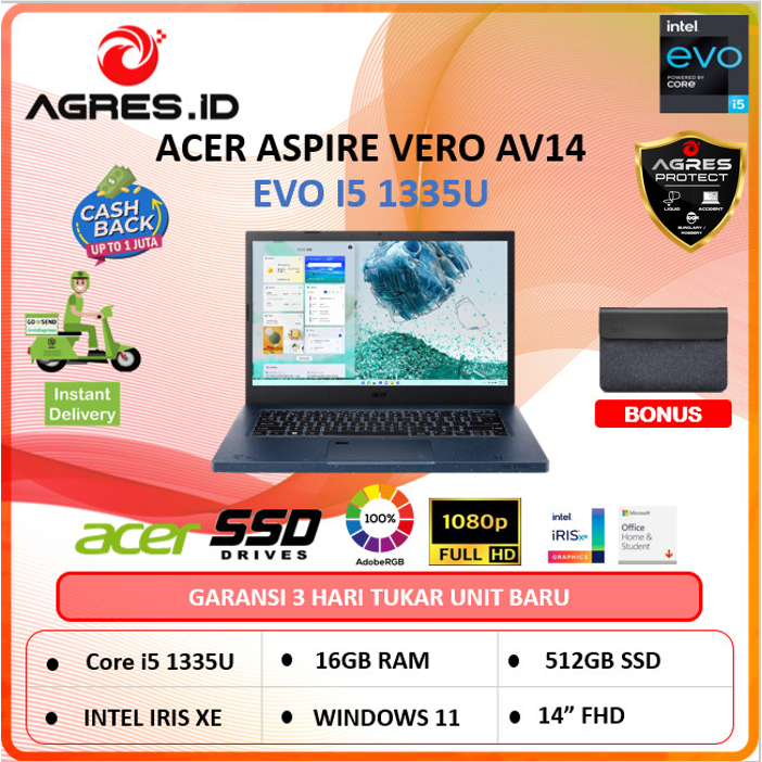 Jual ACER ASPIRE VERO AV14 Core i5-1335U 16GB 512GB SSD 14″ FHD EVO OHS ...
