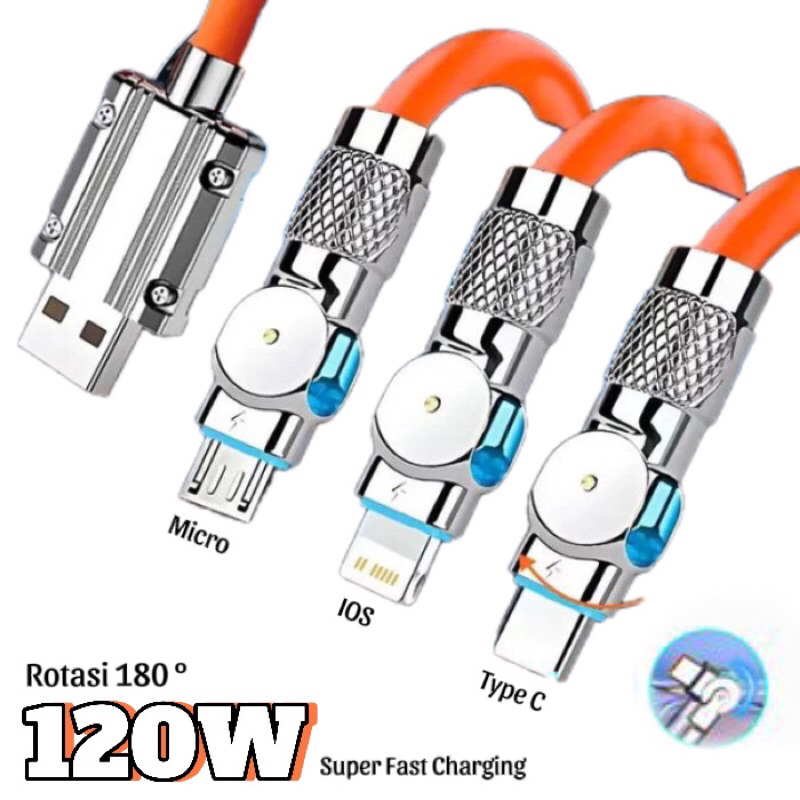 Jual [Rotasi] Kabel Fast Charging Lightning Micro USB Type C 6A Rotasi ...