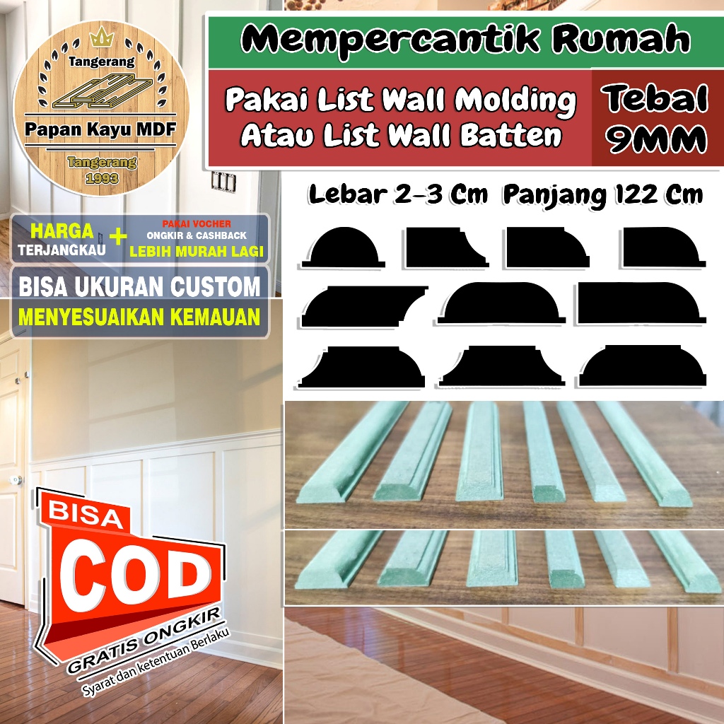 Jual List Profile Kayu HMR Tebal 9MM Lebar 2-3Cm Lis Wall Molding ...
