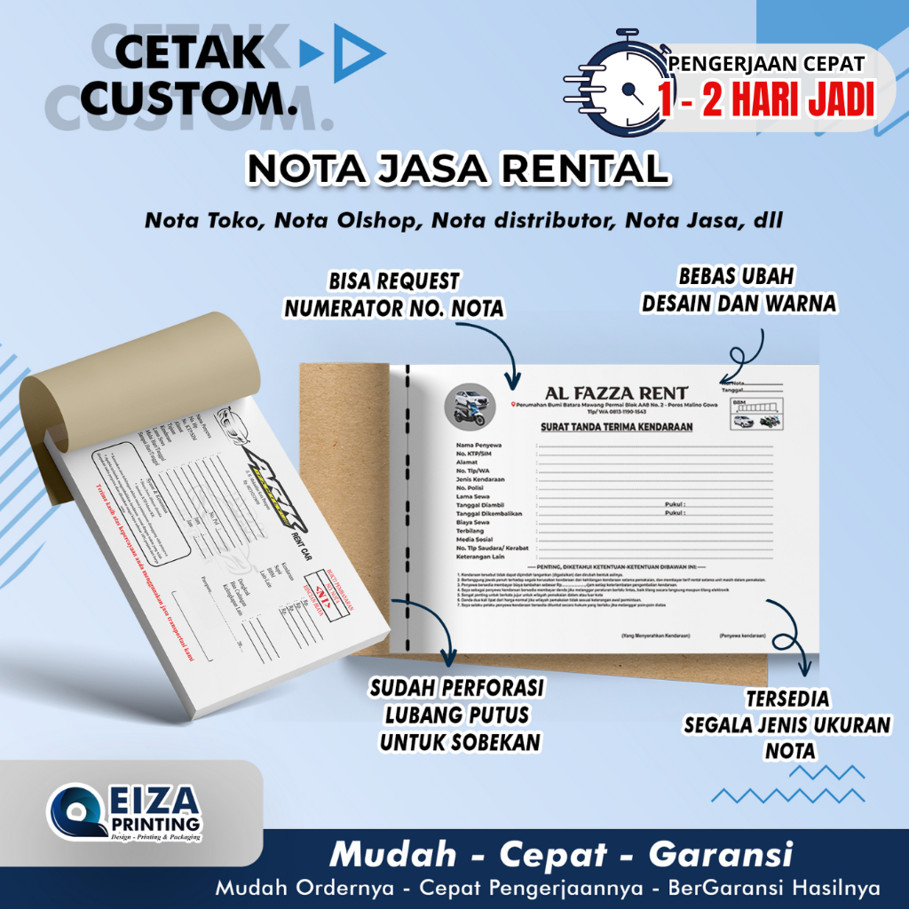 Jual Cetak Nota Jasa Rental Mobil / Cetak Custom Nota Rental Kendaraan ...