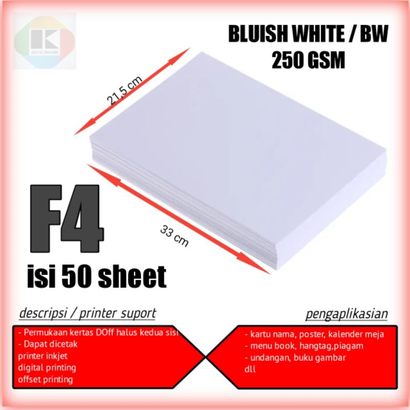 Jual kertas BW 250 gsm F4 kertas F4 BW 250 gsm doff isi 50 lembar ...