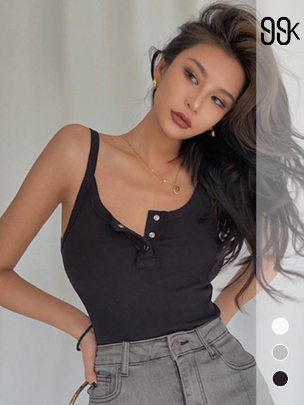 Jual [Premium] Sexy Button Up Straps Ribbed Tank Top 7282 S/M/L ...