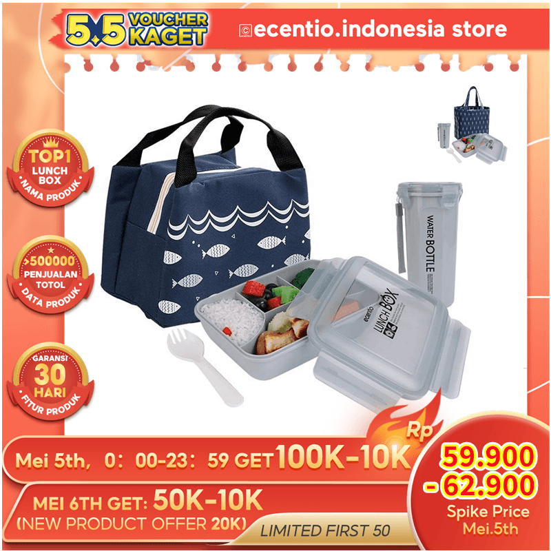 Jual ecentio Lunch Box Set 4 Grid Anti Tumpah Dan Tas/Kotak Bekal Makan ...