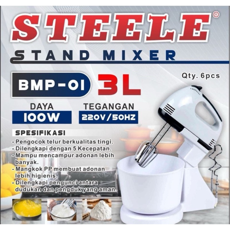 Jual Steele Stand Mixer 3 Liter 5 Speed Stainless Steel dan Plastik ...