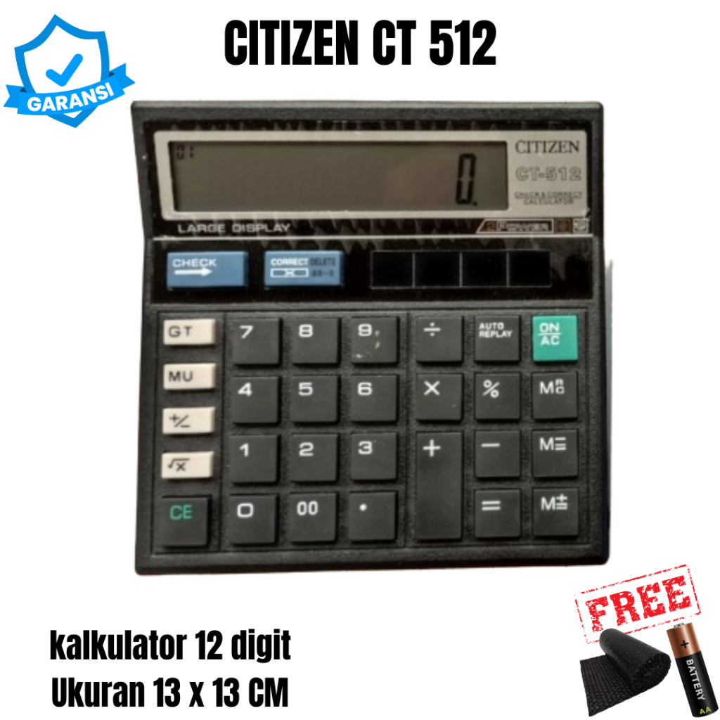 Jual Kalkulator CT 512 Power Baterai Sinar Matahari Replay Chack Correct 12 Digit Large Display ...