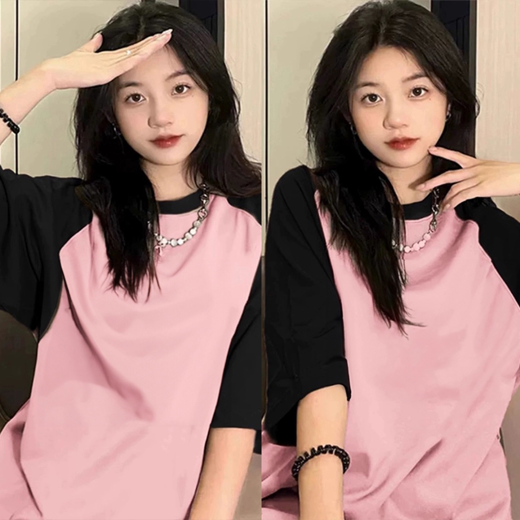 Jual Kaos Baju Raglan Oversize Wanita American Retro Splicing ...