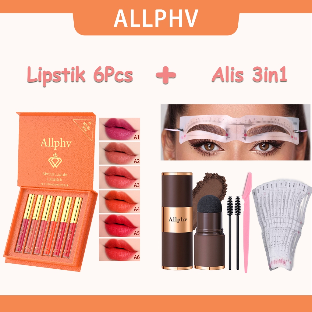 Jual 【Alis+Lip】Allphv Eyebrow Powder 4 Warna + Paket Box Lipstik 6 ...