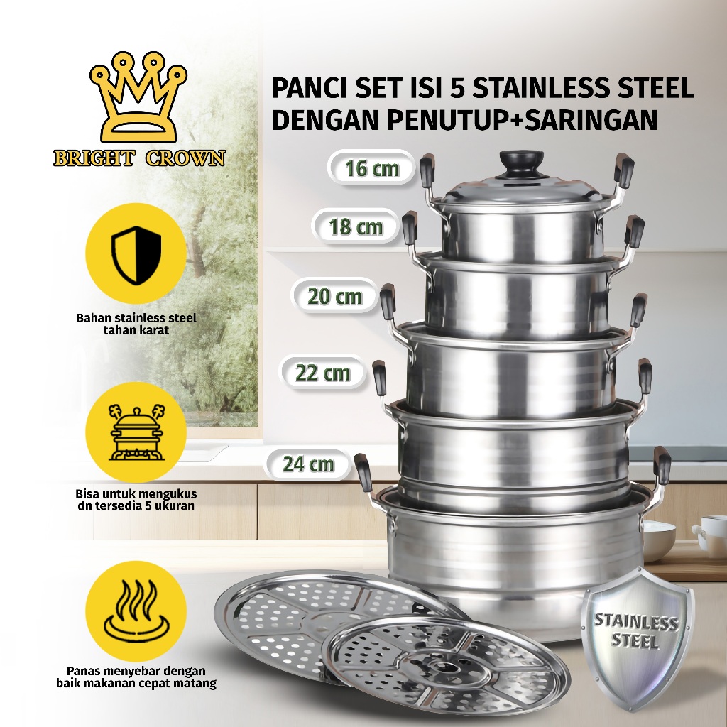 Jual Bright Crown 12in1 Panci Steamer Set Stainless isi 5 pcs + 2pcs ...