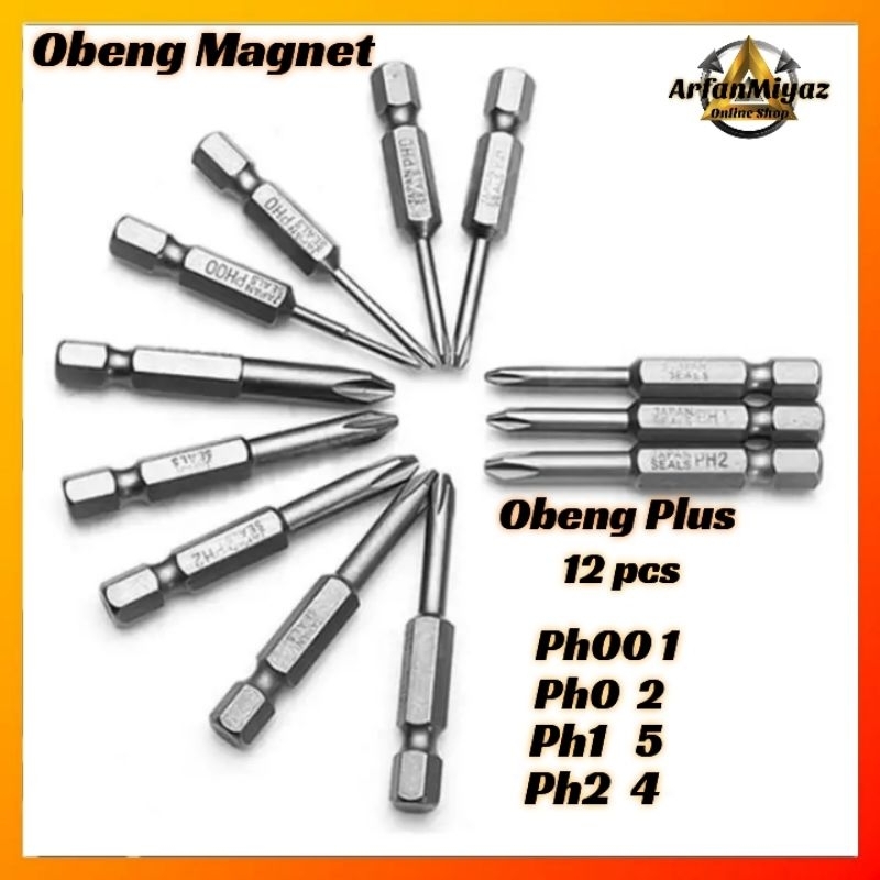 Jual Mata Obeng Set 12 pcs Plus Magnet Magnetic Panjang 50mm PH00 1/PH0 ...