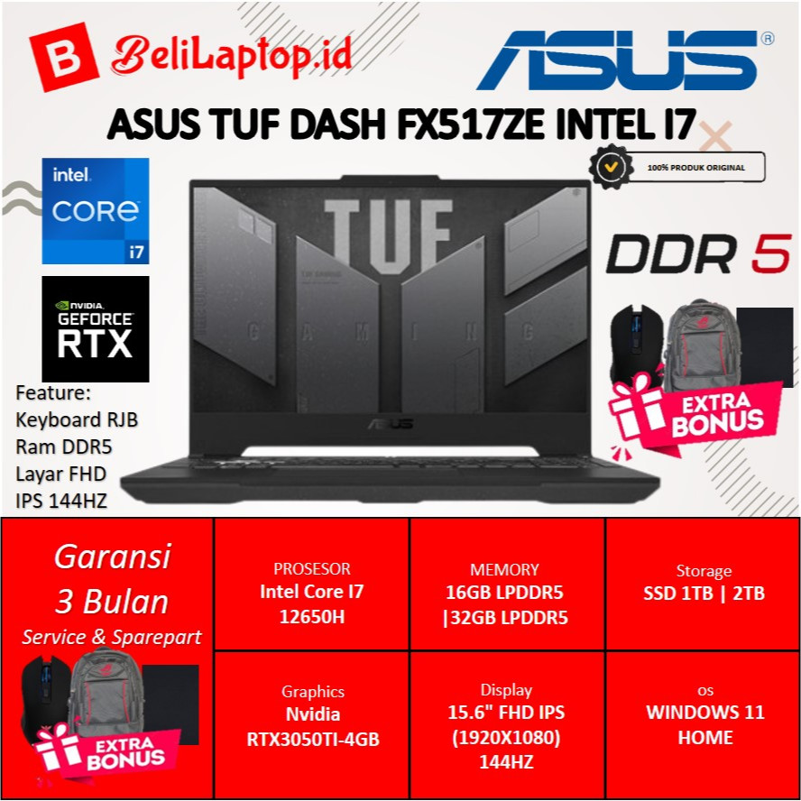 Jual Laptop Gaming Asus Tuf Dash Intel I7 GEN 12 RTX 3050TI-4GB ...