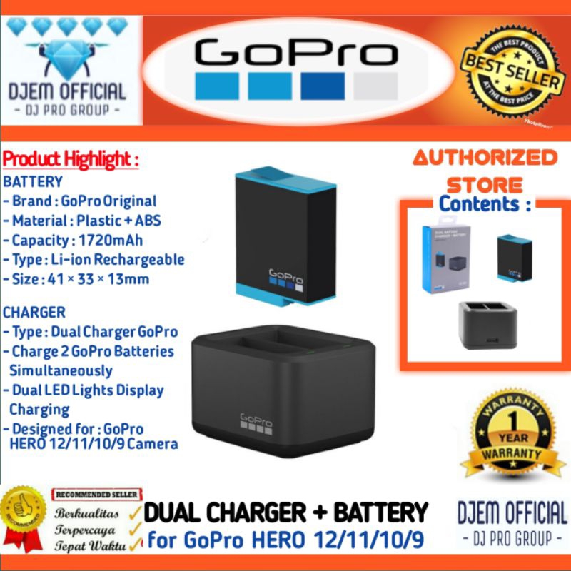 Jual GoPro DUAL BATTERY CHARGER + Battery HERO 12 11 10 9 Baterai ...