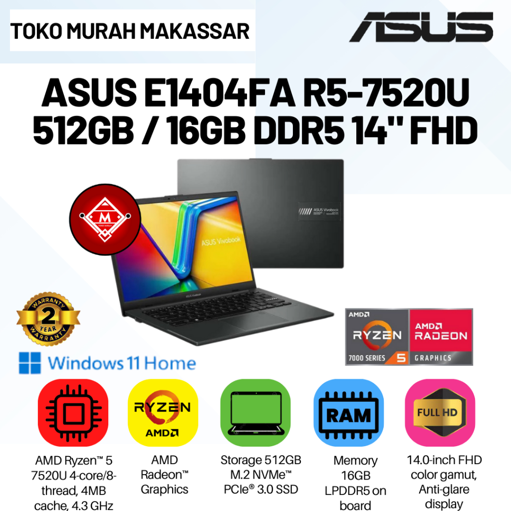 Jual Asus Vivobook Go 14 E1404FA Ryzen 5 7520U 16GB 512GB 610M W11 14 ...