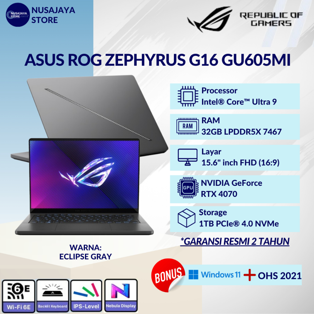 Jual ASUS ROG Zephyrus G16 GU605MI Ultra 9 185H 32G 1TB RTX4070 32G 1T 16"2.5K OLED | Shopee ...