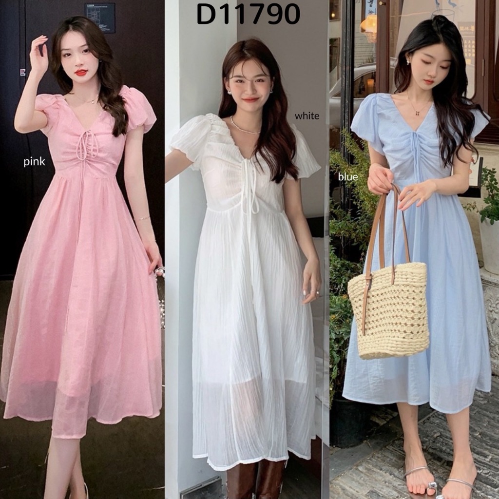 Jual D11790 Light Textured V Neck Ribbon Dress | Shopee Indonesia