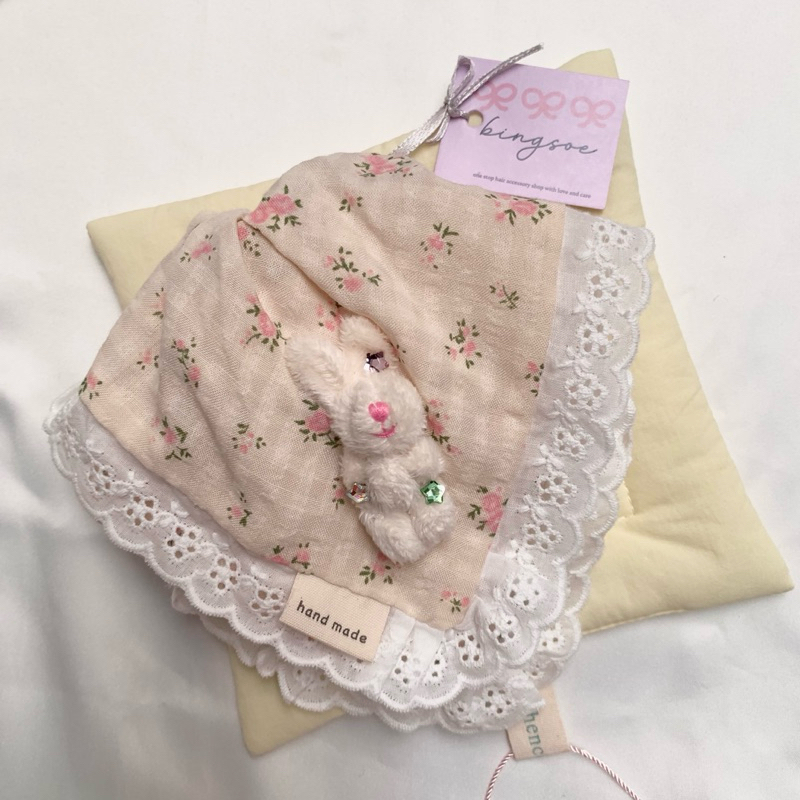Jual cream jumbo square floral patterned with rabbit, square scrunchy ...