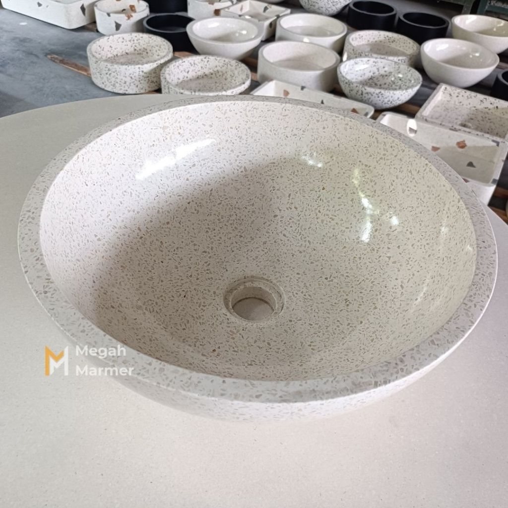 Jual Megah Marmer | Wastafel Baskom Terazzo Putih Cream Minimalis ...