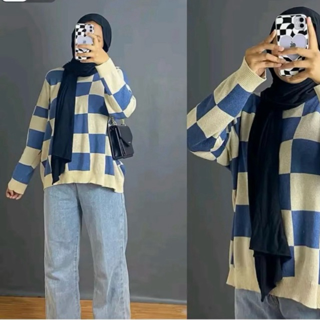Jual Anjani Sweater Rajut Motif Kotak Kotak Atasan Wanita Korea Lengan Panjang | Shopee Indonesia