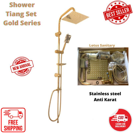 Jual Shower Tiang Set GOLD / Shower Tiang + Kran Double Head Hand Shower Kotak STAINLESS ...