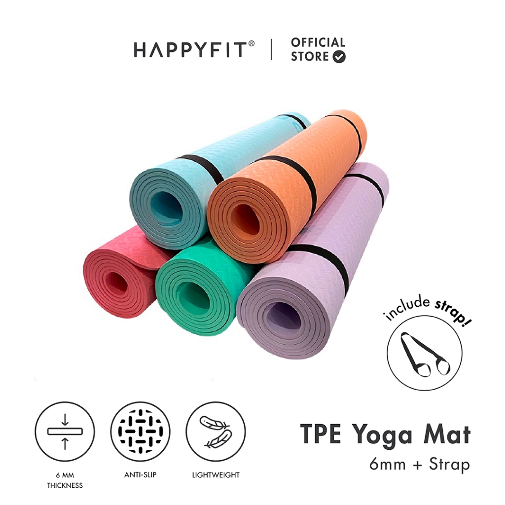 Jual HAPPYFIT - Yoga Mat Polos TPE 6mm Eco Friendly (FREE STRAP) / Matras Yoga / Matras Olahraga ...