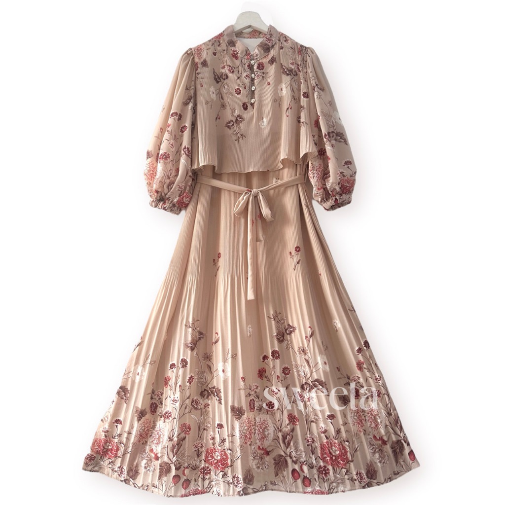 Jual Sweeta Midi Dress Plisket Double Layer Lengan Balon Ld 105cm Ceruty Full Furing