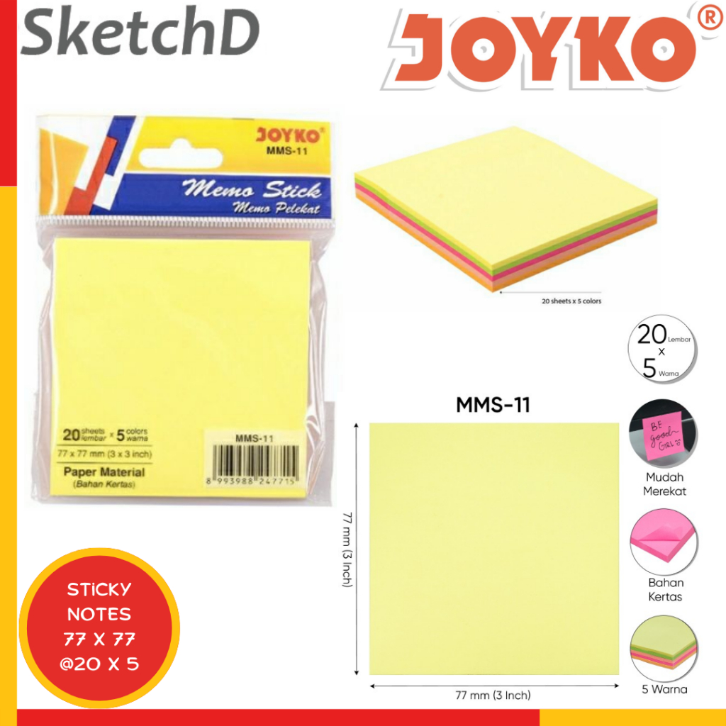 Jual Memo Kertas Tempel Joyko MMS-11 Sticky Notes 5 warna lbr | Shopee ...