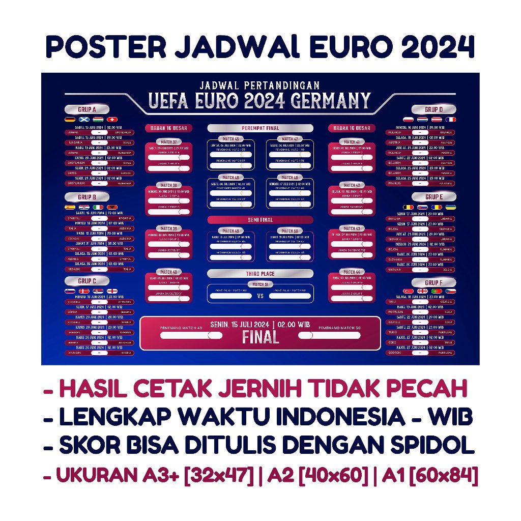 Jual JADWAL EURO 2024 GERMANY (POSTER A3+ & A2 & A1) | Shopee Indonesia