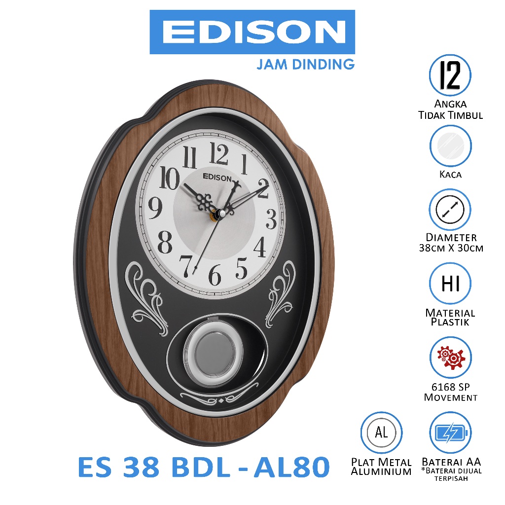 Jual Jam Dinding Edison Sweep ES EQ 38 AL80 Bandul Dimensi Ukuran 38cm ...