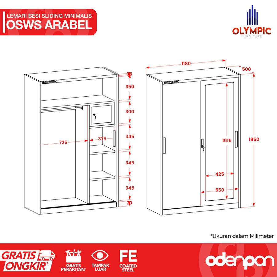 Jual OLYMPIC OSWS ARABEL Lemari Pakaian Baju 2 Pintu Besi Sliding Putih ...