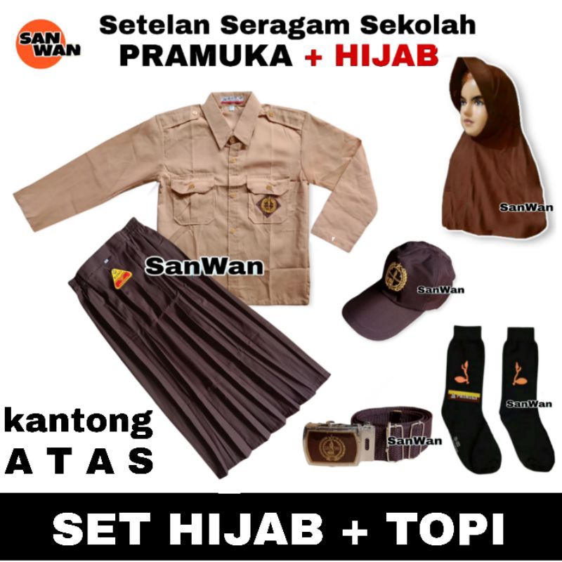 Jual Setelan Seragam Sekolah SD Perempuan Plus Hijab Pramuka Penggalang Kantong Atas Baju Rok ...