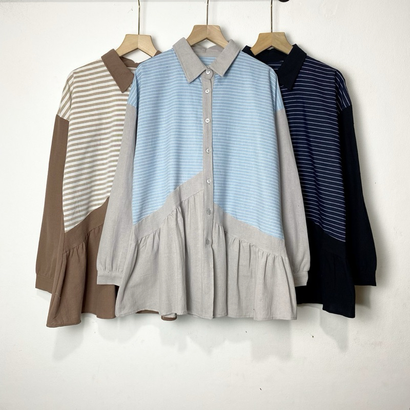 Jual Laura Blouse Kombinasi Kemeja Rempel Salur Linen Oversize | Shopee ...