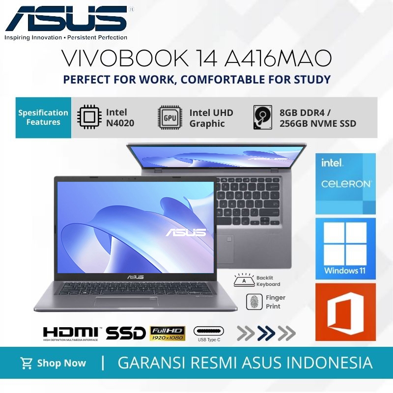 Jual ASUS A416MAO-FHD427 N4020 8GB 256SSD W11+OHS 14.0FHD BACKLIT ...