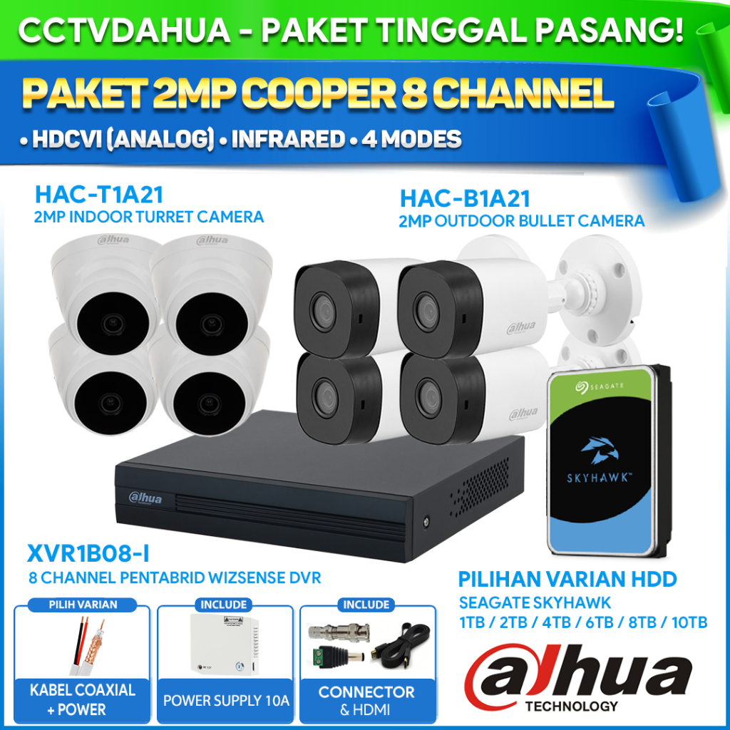 Jual PAKET CCTV HDCVI ANALOG DAHUA 8 CHANNEL 2MP COOPER T1A21 B1A21 8 KAMERA SIAP PASANG ...