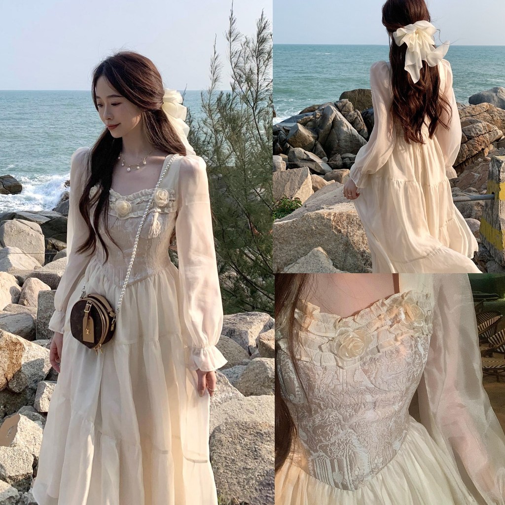 Jual SWEET-77 Gaun leher persegi Prancis baru Gaun putri putih gaya ...