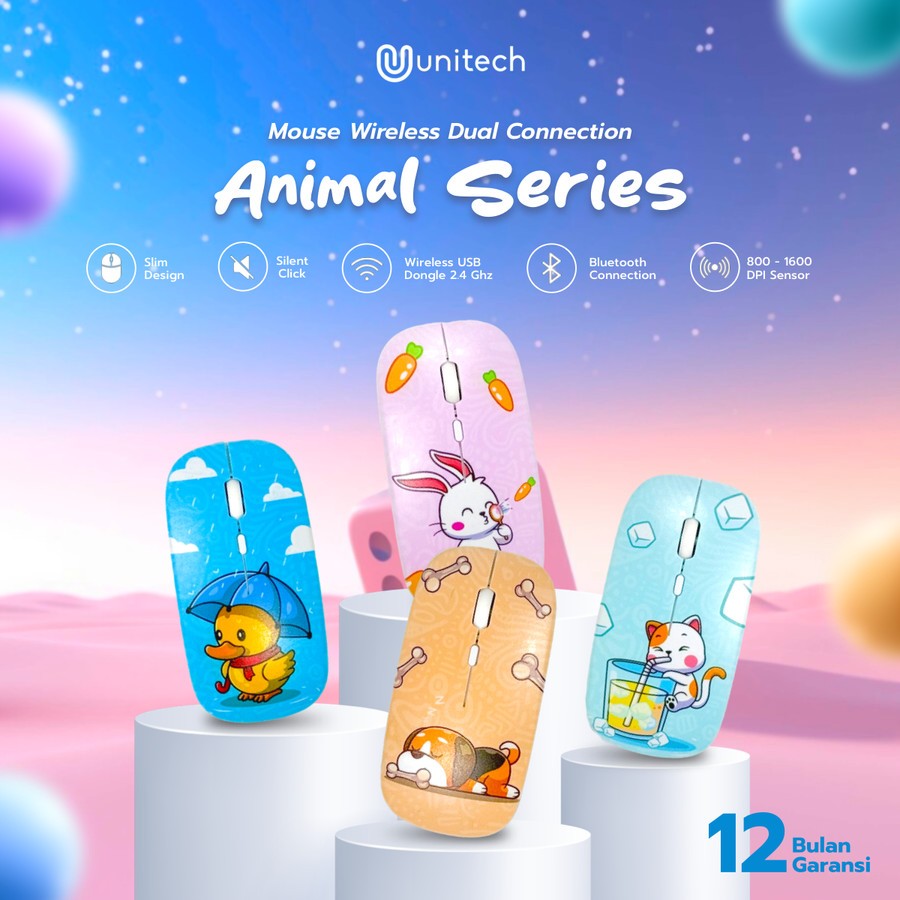 Jual Mouse Wireless Bluetooth Silent Click Unitech Mouse Slim M2 Animal ...